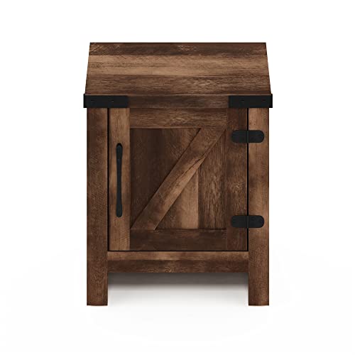 Furinno Jensen Farmhouse End Table with Barn Door for Bedroom, Living Room,Rustic Brown, pack of 1