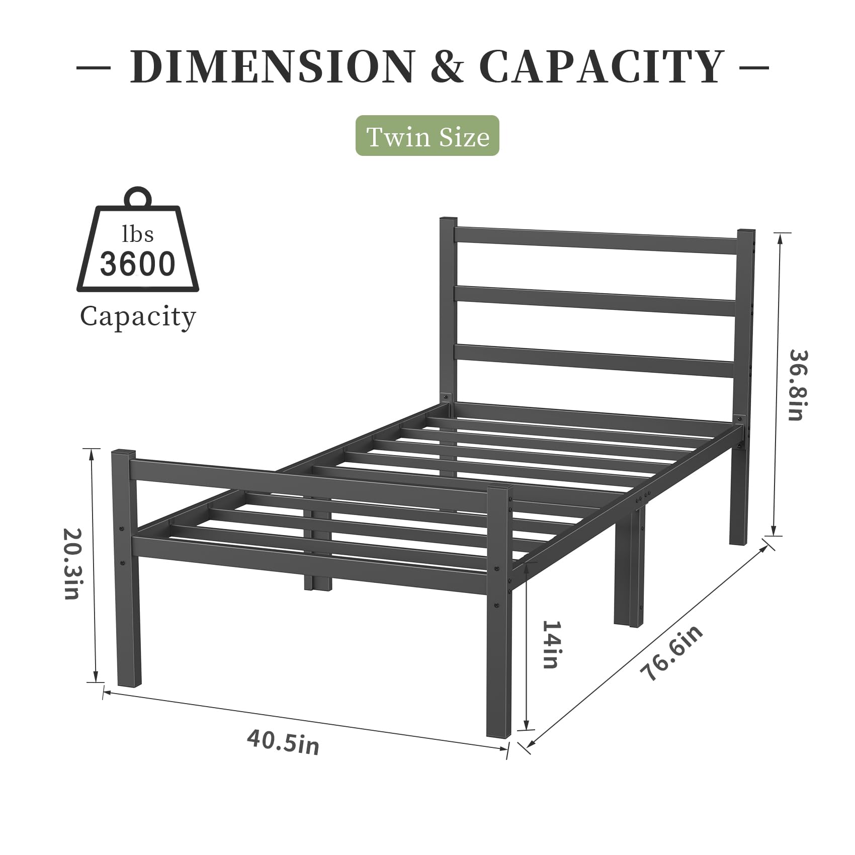 Musen Twin Metal Bed Frame with Headboard, Noise Free, Anti-Slip, Easy Assembly, Under-Bed Storage, Black