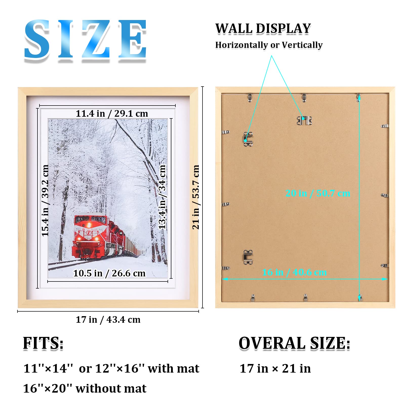 Egofine 16x20 Poster Frame Set of 2 Solid Wood Frame with Plexiglass Matted for 11x14/12x16 for Wall Mounting Hanging Picture Frame Vertically or Horizontally, Natural Wood