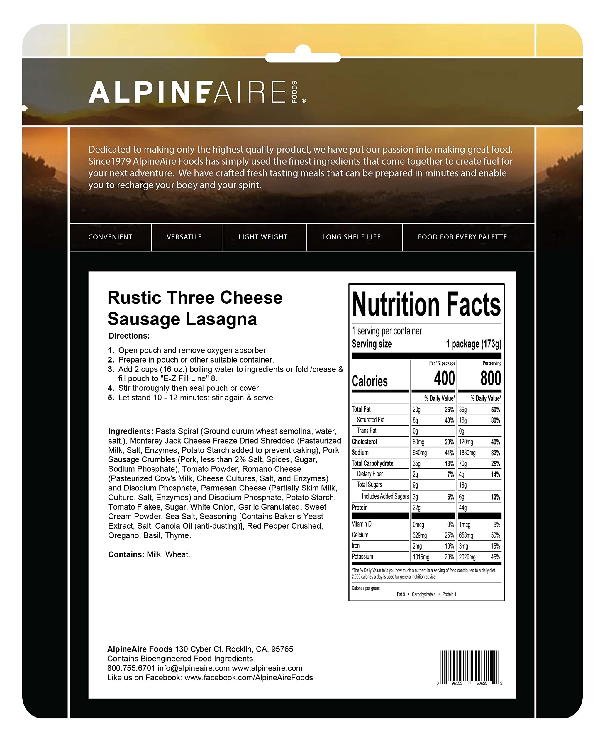 AlpineAire Foods Rustic Three Cheese Sausage Lasagna, Freeze-Dried/Dehydrated, Entrée Meal Pouch, Just add Water, Black