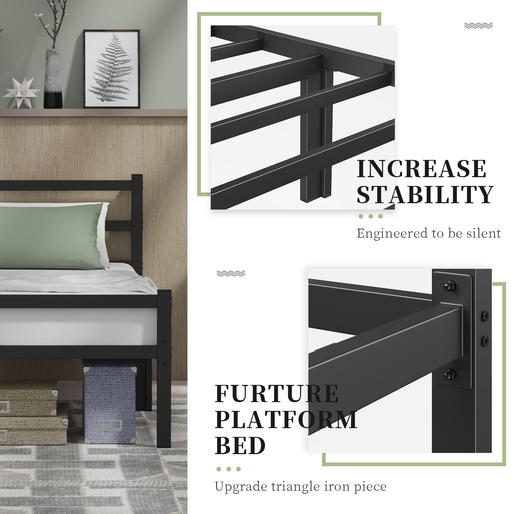 Musen Twin Metal Bed Frame with Headboard, Noise Free, Anti-Slip, Easy Assembly, Under-Bed Storage, Black