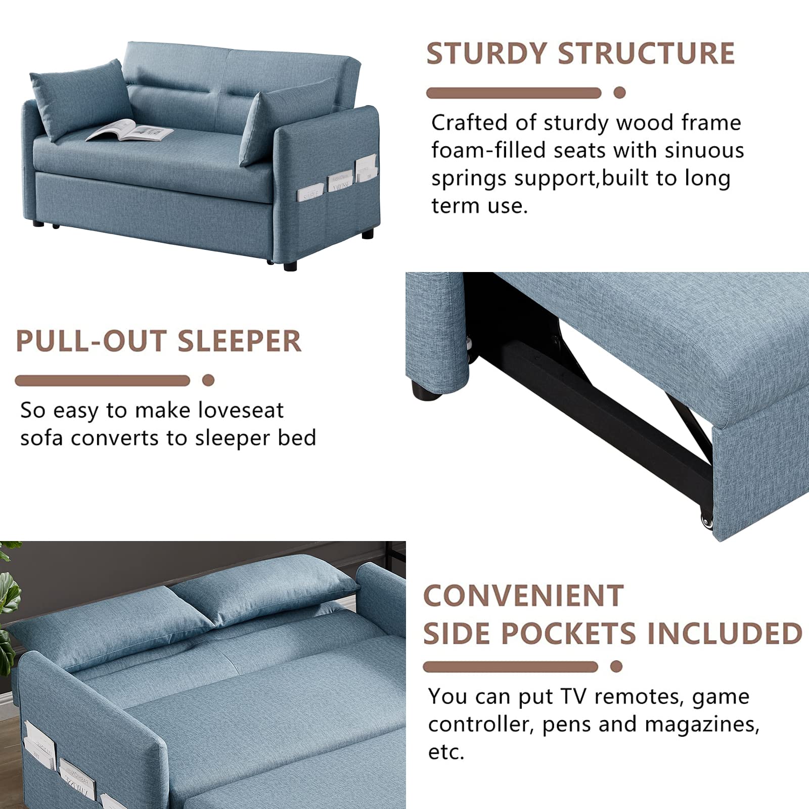Aoowow Convertible Sleeper Sofa Bed 57 Inches, Faux Leather 2 Seats Sofa with Pull Out Bed,Loveseat Sofa Couch with Adjustable Backrest, 2 Pillows Pocket for Living Room Small Apartment (Sky Blue)
