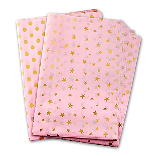 MR FIVE 60 Sheets Pink and Gold Tissue Paper Bulk,20" x 14",Pink Tissue Paper for Gift Bags,DIY and Crafts,Gold Star Gold Polka Dot Gift Tissue Paper for Baby Shower,Weeding,Birthday,Holiday