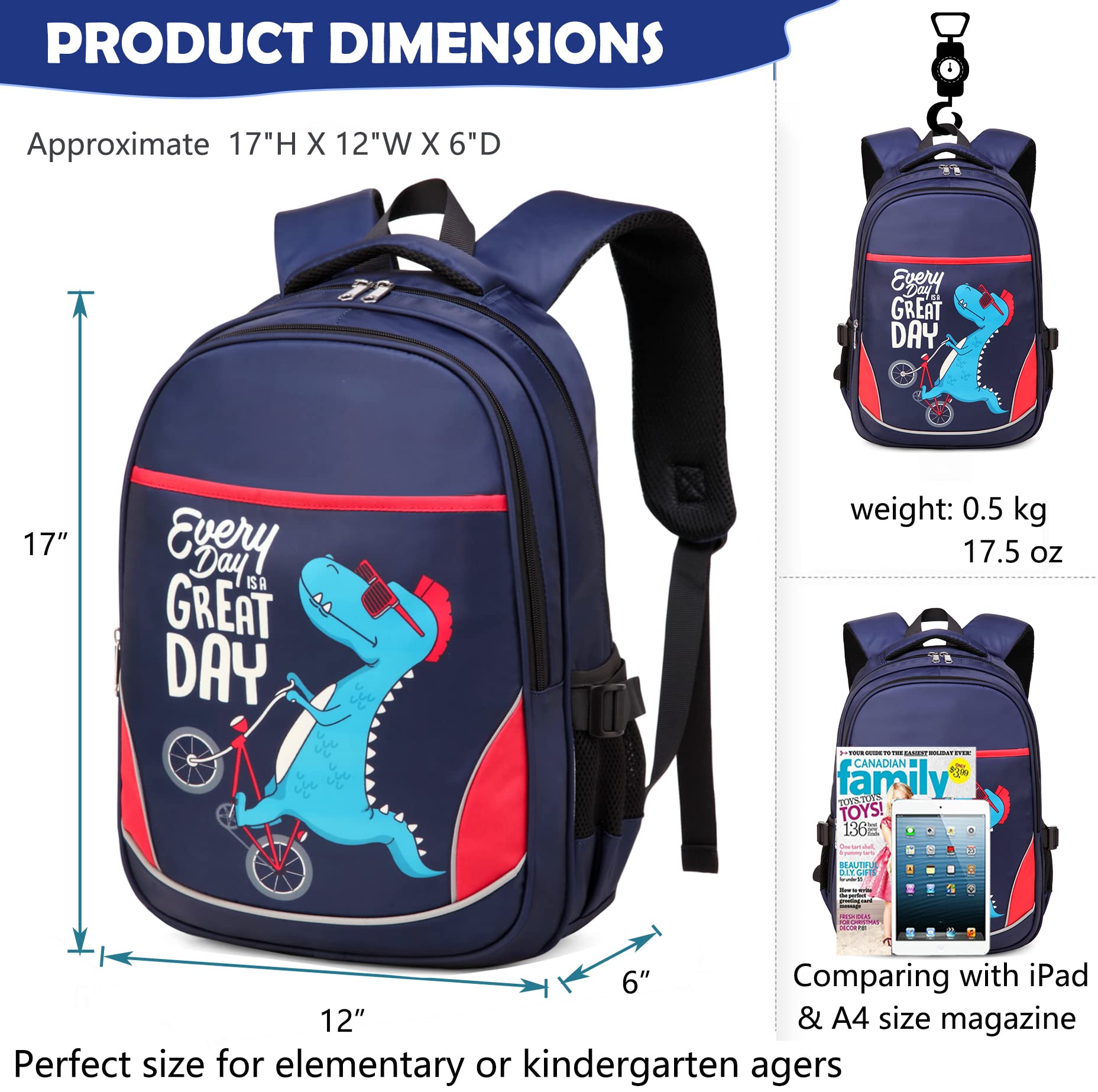 BLUEFAIRY Dinosaure Backpack for Boys Kids Elementary School Bags Primary Dino Bookbags Lightweight Waterproof Sturdy Durable Gift Polyester 17 Inch Age 5-10 (DINOSAUR-BLUE)