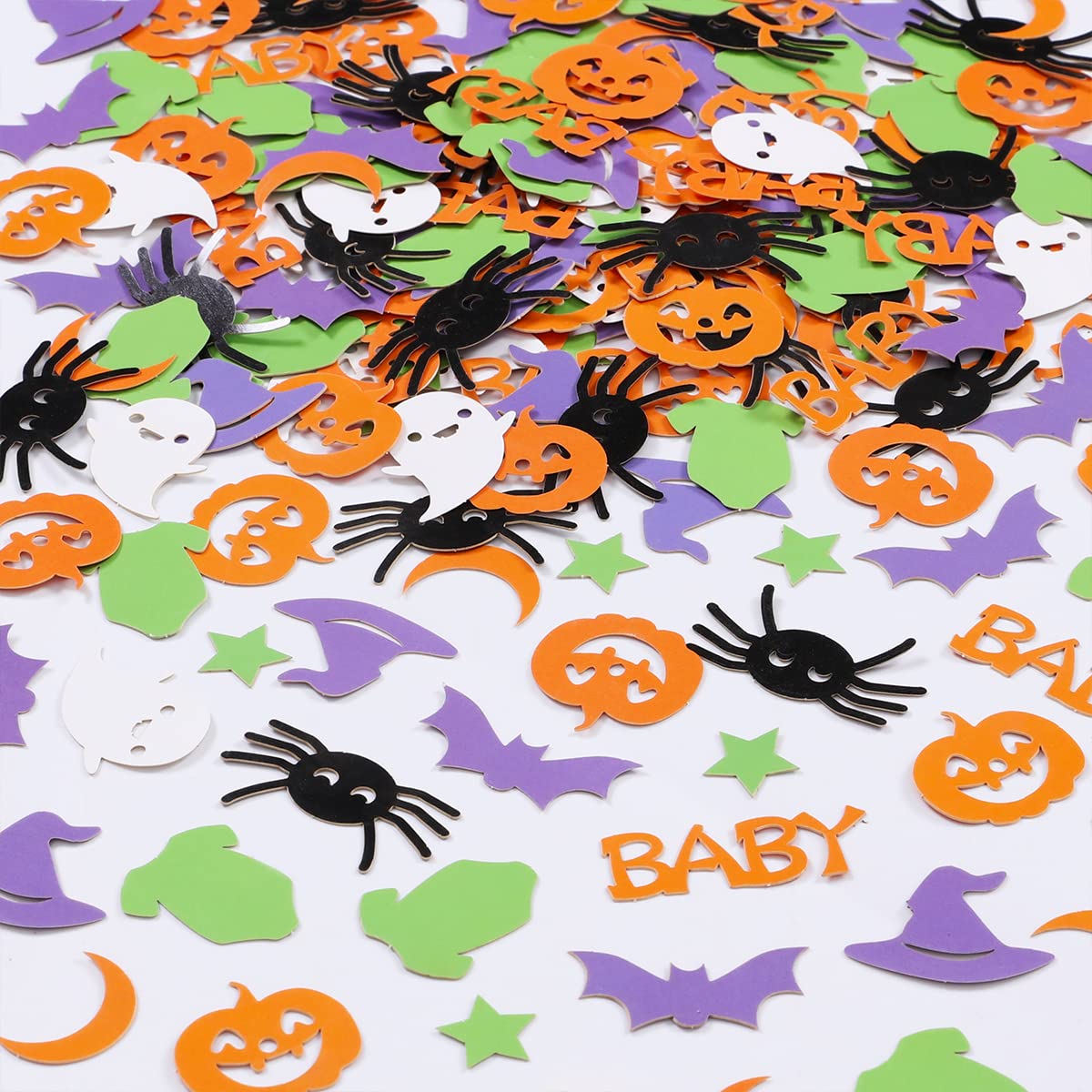 Halloween Baby Shower Confetti Orange Purple Green Black Party Table Scatter Confetti Baby Wear Spider Pumpkin Bat Hat Ghost Moon Star Table Decor for Halloween Baby Shower Party 200 PCS