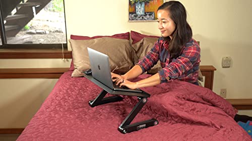 WorkEZ Best Adjustable Laptop Cooling Stand & Lap Desk for Bed Couch w/ Mouse Pad. Ergonomic Height Angle tilt Aluminum Desktop Portable MacBook Computer Riser Table Cooler Folding Holder XL-Black