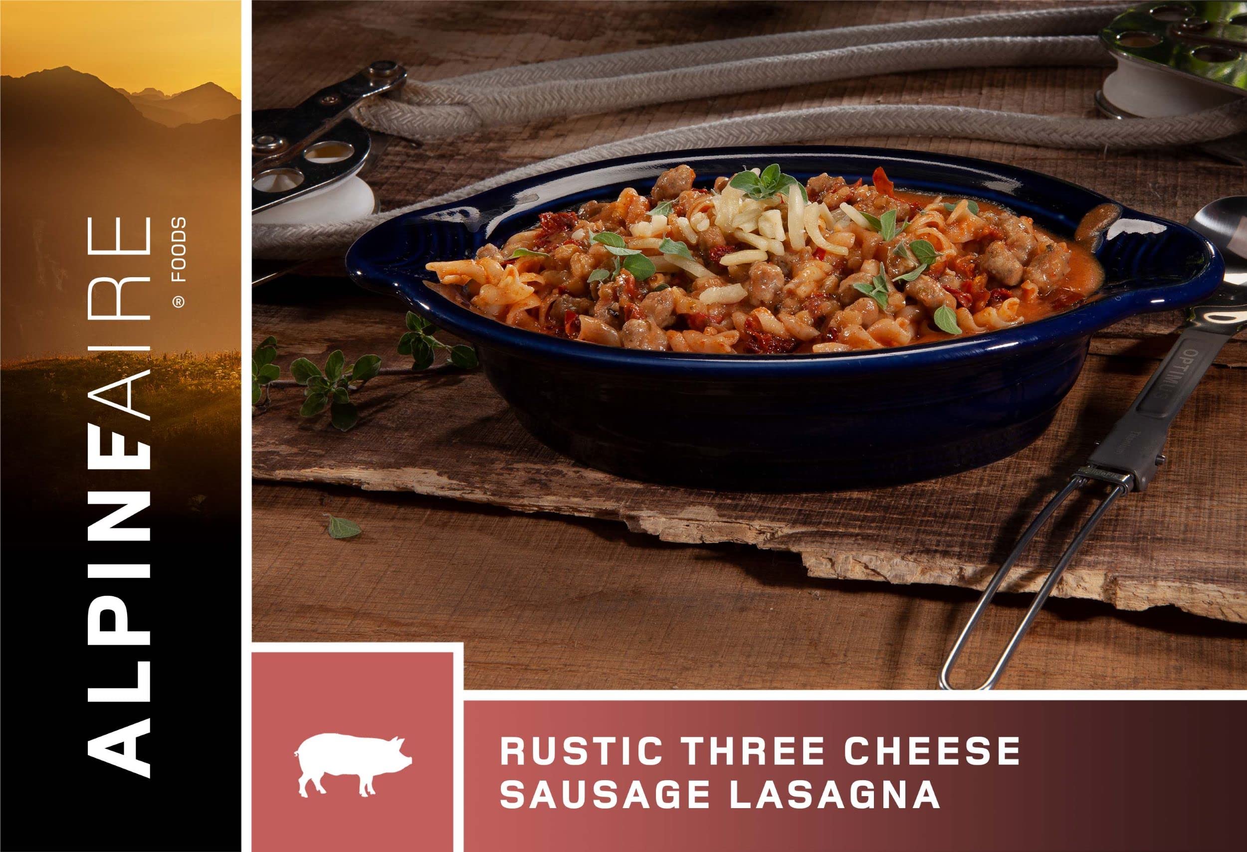 AlpineAire Foods Rustic Three Cheese Sausage Lasagna, Freeze-Dried/Dehydrated, Entrée Meal Pouch, Just add Water, Black