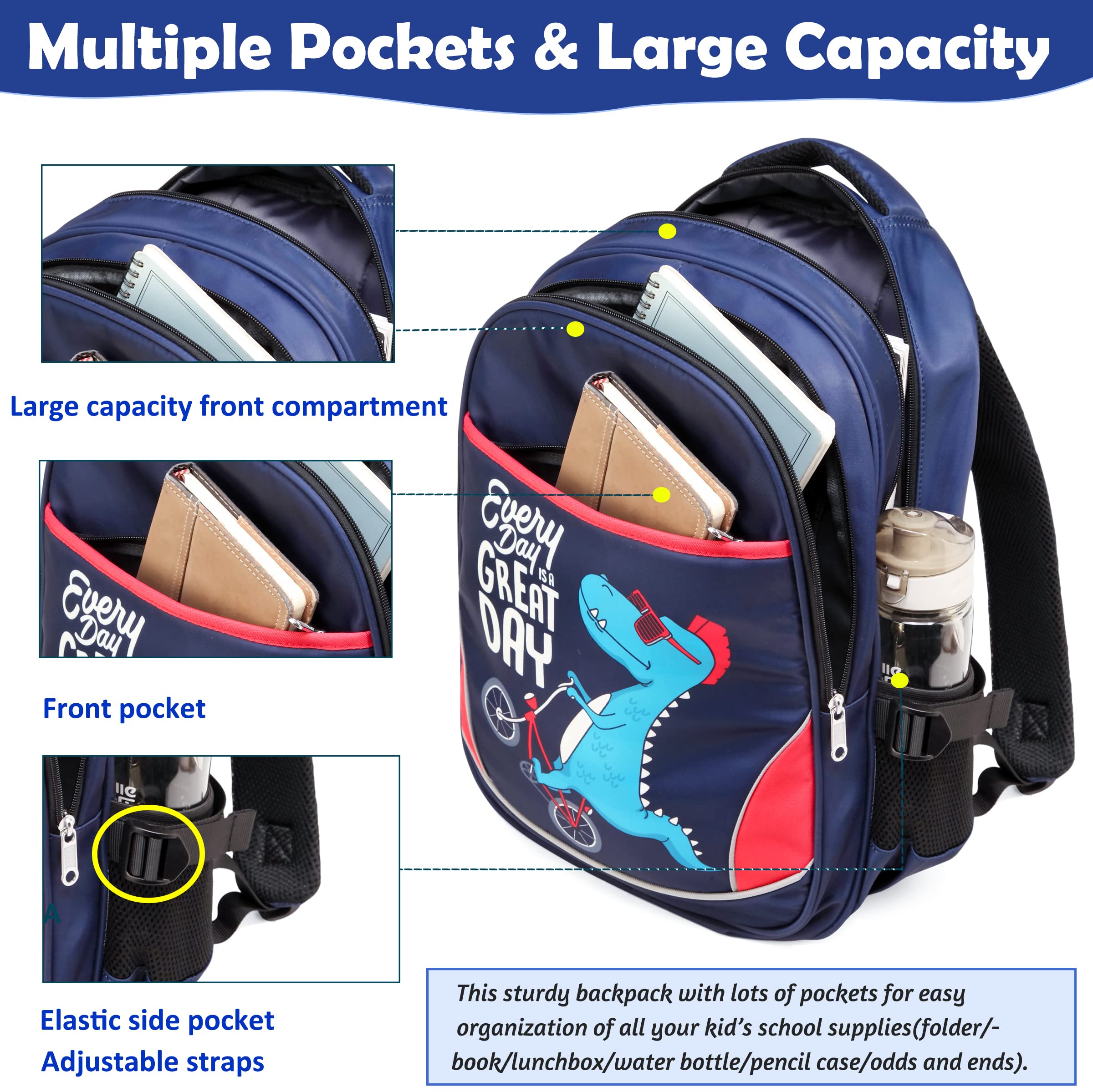 BLUEFAIRY Dinosaure Backpack for Boys Kids Elementary School Bags Primary Dino Bookbags Lightweight Waterproof Sturdy Durable Gift Polyester 17 Inch Age 5-10 (DINOSAUR-BLUE)