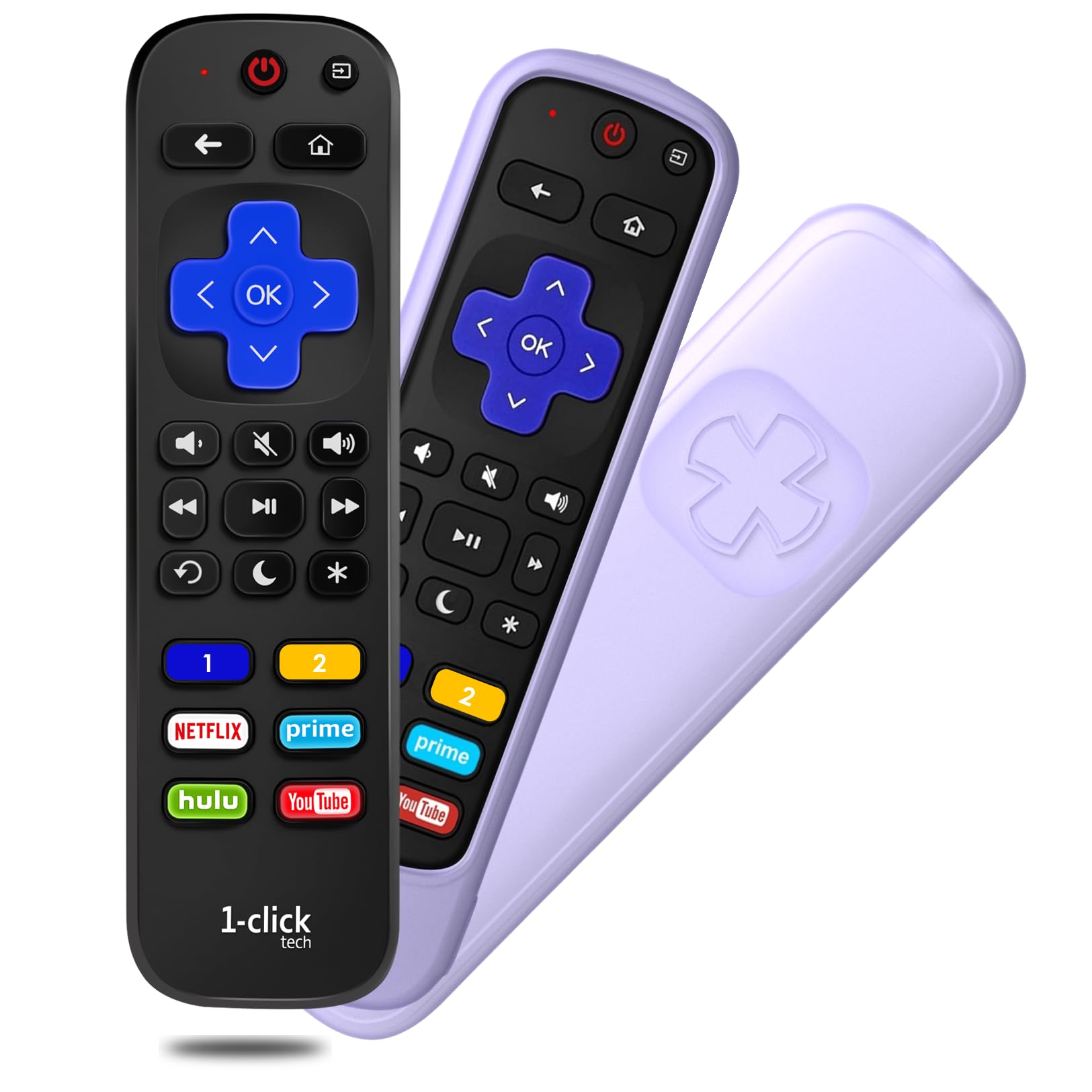 [w/Cover] 1-clicktech for【Roku TV, Roku Box】 2-in-1 for TCL Hisense ONN. All Built-in Roku TV, and for Roku 1/2/3/4 Express Ultra LT HD XDS (Remote + Purple Cover)