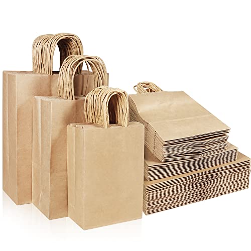 mwellewm 140pcs Brown Paper Bags Gift Bags with Handles Bulk Assorted Sizes, Kraft Paper Bags Craft Bags for Small Business, Grocery Shopping Retail Bags, Birthday Party Favor Bags