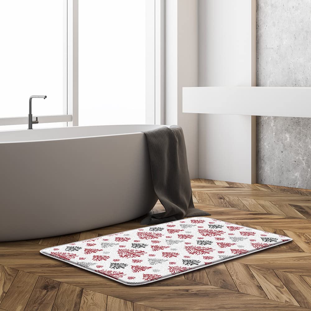GCTNBJL Merry Christmas Bath Mat Red Gray Xmas Tree Forest Winter Holiday Festival Rustic Abstract Bathroom Memory Foam Kitchen Rugs,17.8x29.5 Inch