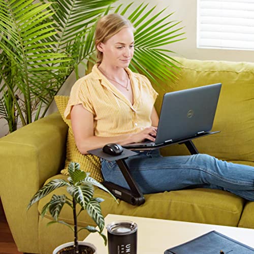 WorkEZ Best Adjustable Laptop Cooling Stand & Lap Desk for Bed Couch w/ Mouse Pad. Ergonomic Height Angle tilt Aluminum Desktop Portable MacBook Computer Riser Table Cooler Folding Holder XL-Black