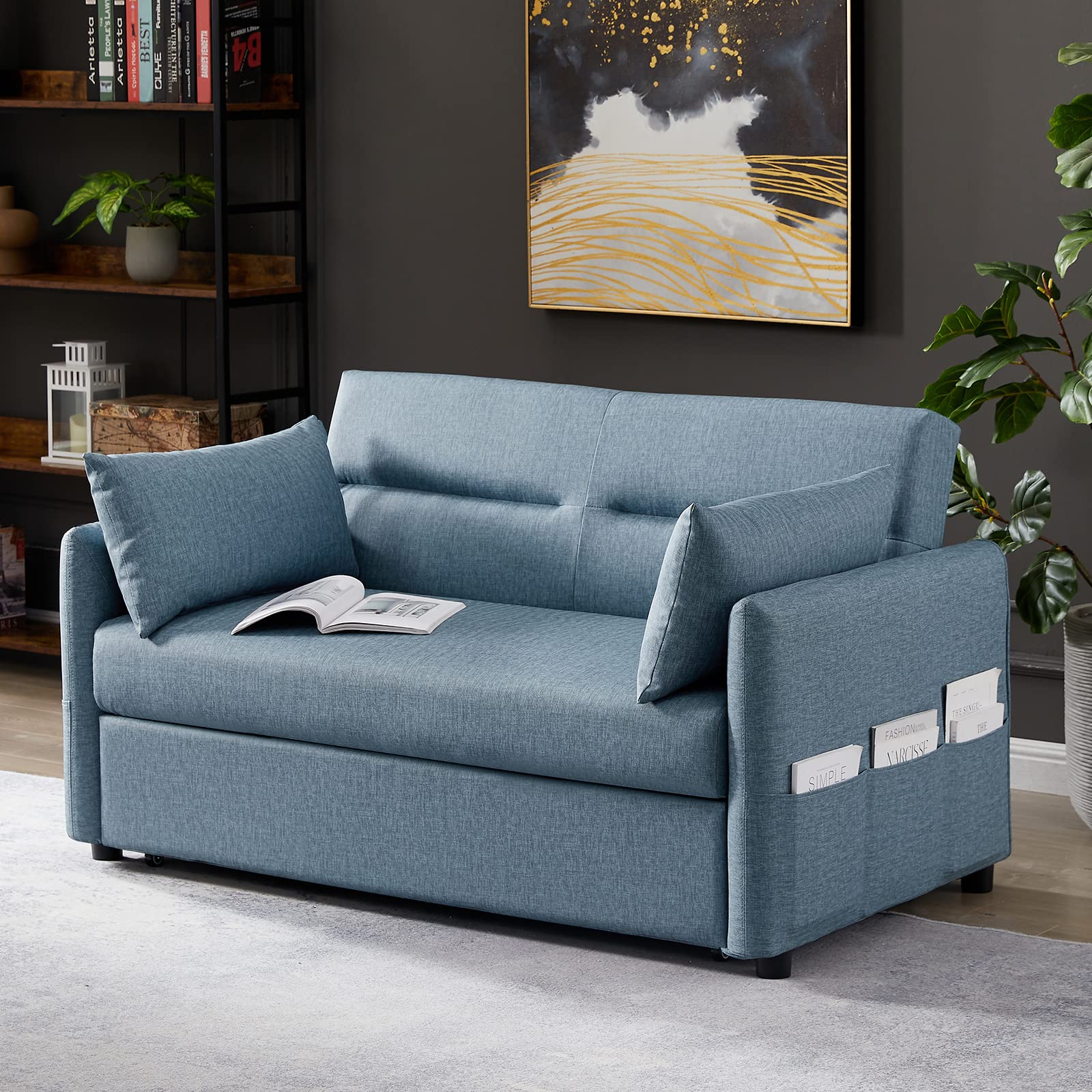 Aoowow Convertible Sleeper Sofa Bed 57 Inches, Faux Leather 2 Seats Sofa with Pull Out Bed,Loveseat Sofa Couch with Adjustable Backrest, 2 Pillows Pocket for Living Room Small Apartment (Sky Blue)