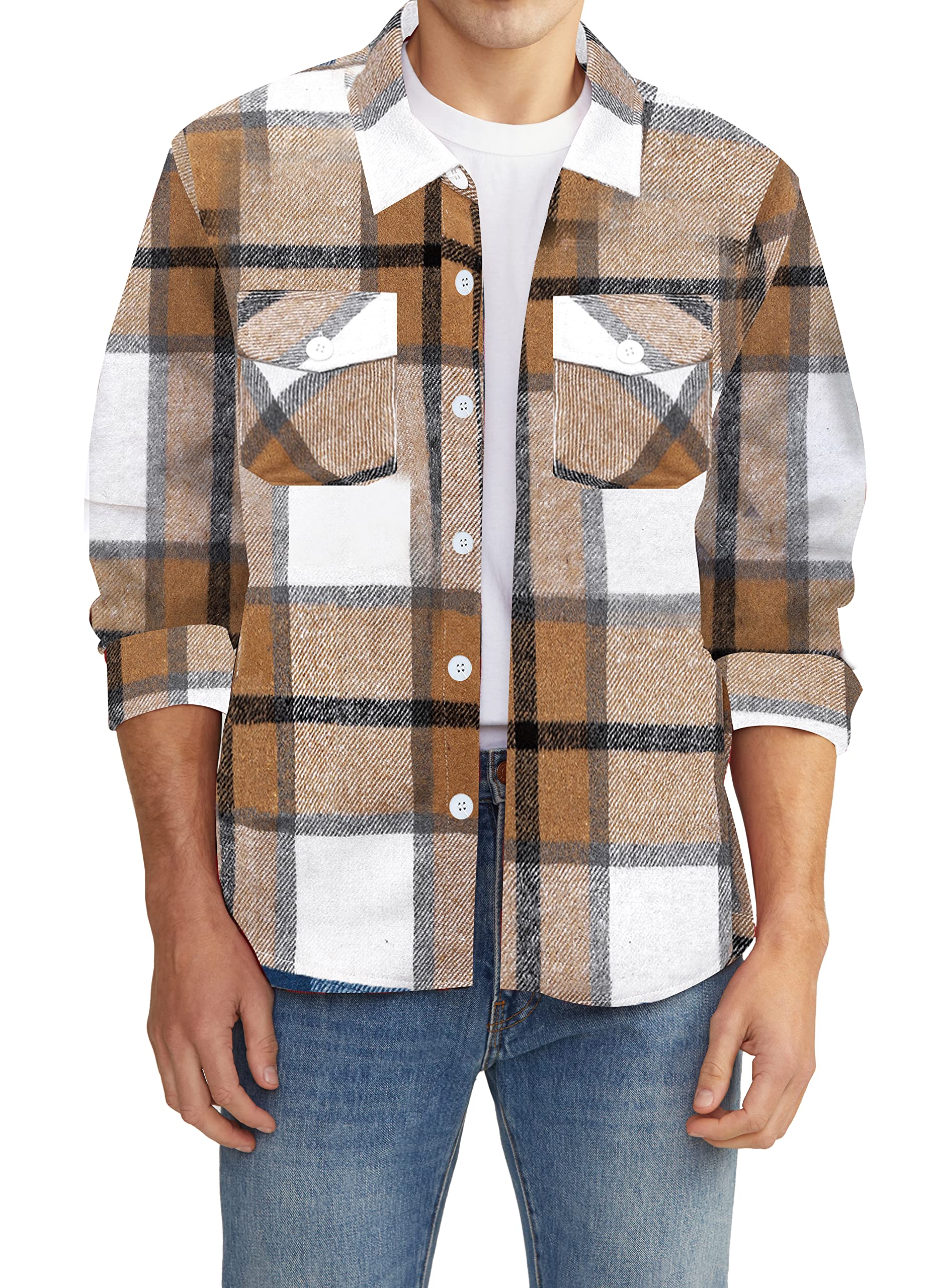 SANGTREE Mens Plaid Flannel Shirt Jacket Long Sleeve Button Down Shacket, Khaki Plaid, Small