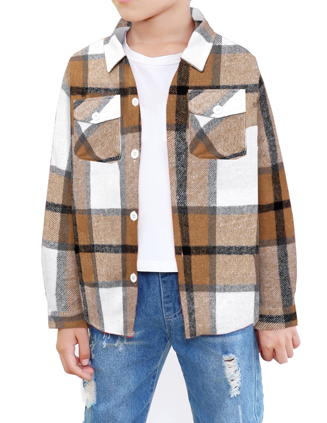 SANGTREE Mens Plaid Flannel Shirt Jacket Long Sleeve Button Down Shacket, Khaki Plaid, Small