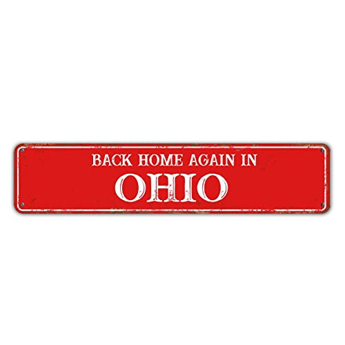 Nintydays Back Home Again in Ohio Metal Tin Sign Pure Red USA State Indoor Outdoor Decorations Waterproof for Garages Bar Courtyard Durable Metal Funny Garage Sign 4x18in