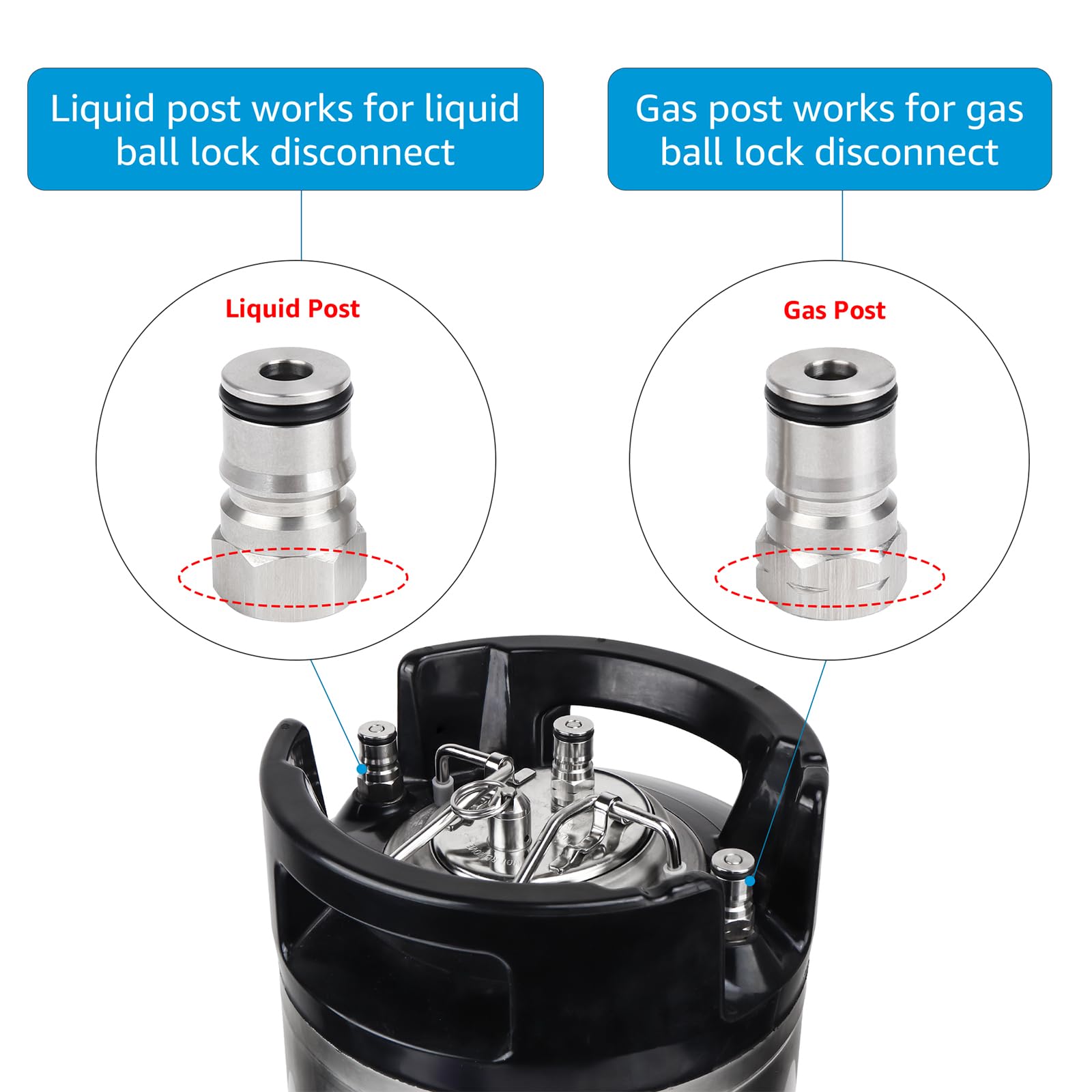 MRbrew 2 Pair Ball Lock Keg Post, Stainless 304 Homebrew 19/32ββ-18 Co2 Gas kegerator Beer Liquid Cornelius Corny Poppet Spring Spare Sealing O-ring Keg Posts Kit for Brewing Quick Disconnect Fitting