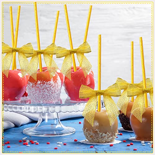 200 Cake Pop Sticks and Bows Kit for Cake Pops, Candies, Lollipops, Chocolates and Cookies Decorating, Include 100 Satin Ribbon Twist Tie Bows and 100 Paper Striped Straws for Party Supplies (Gold)