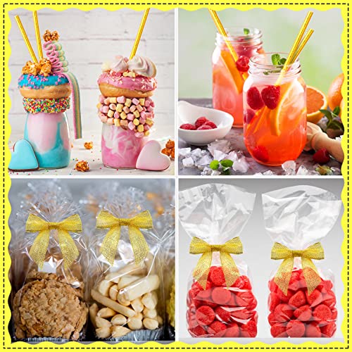 200 Cake Pop Sticks and Bows Kit for Cake Pops, Candies, Lollipops, Chocolates and Cookies Decorating, Include 100 Satin Ribbon Twist Tie Bows and 100 Paper Striped Straws for Party Supplies (Gold)