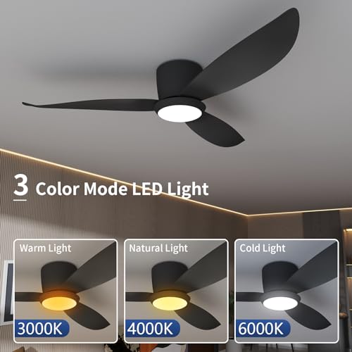 Low Profile Ceiling Fan Light,52In Flush Mount Ceiling Fan Lights Remote Control with 3 Reversible Blades,18W 3CCT LED Light 6 Speed DC Motor Ceiling Fan For Bedroom/Farmhouse/Patios/Living Room Black