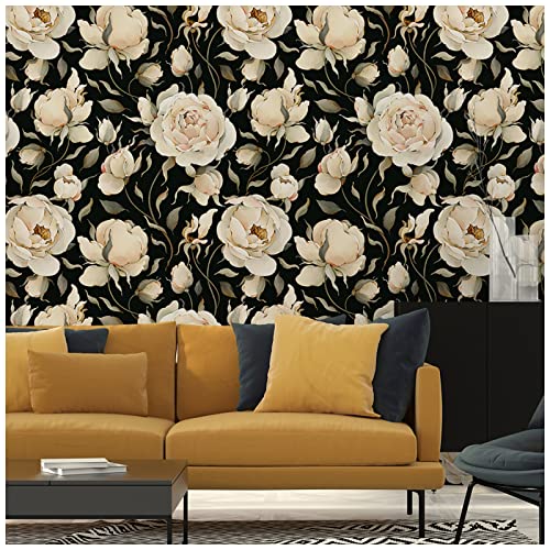 HAOKHOME Peel and Stick Wallpaper Floral Vintage Roses Peonies Contact Paper Removable Black/Beige/Olive Self Adhesive Mural 17.7in x 9.8ft