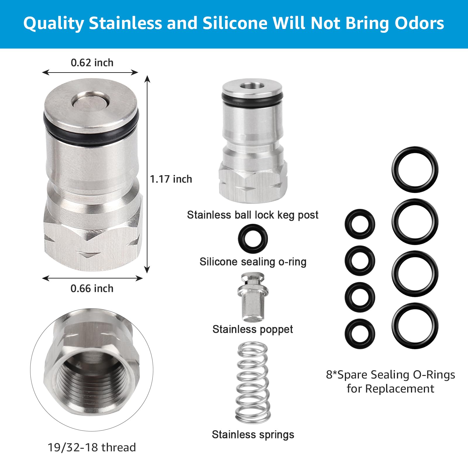 MRbrew 2 Pair Ball Lock Keg Post, Stainless 304 Homebrew 19/32ββ-18 Co2 Gas kegerator Beer Liquid Cornelius Corny Poppet Spring Spare Sealing O-ring Keg Posts Kit for Brewing Quick Disconnect Fitting