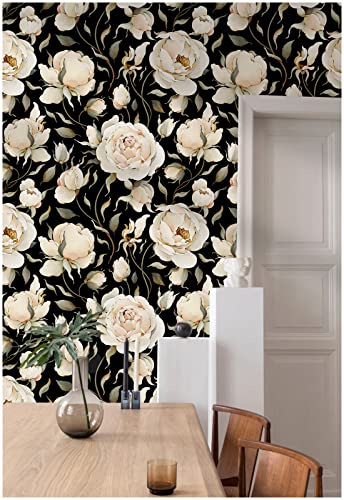 HAOKHOME Peel and Stick Wallpaper Floral Vintage Roses Peonies Contact Paper Removable Black/Beige/Olive Self Adhesive Mural 17.7in x 9.8ft