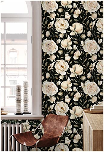 HAOKHOME Peel and Stick Wallpaper Floral Vintage Roses Peonies Contact Paper Removable Black/Beige/Olive Self Adhesive Mural 17.7in x 9.8ft