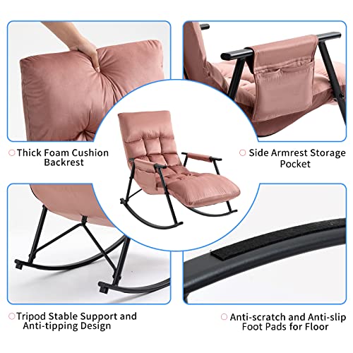 ZJhome Velvet Accent Folding Rocking Recliner Chair Nursery with Side Pocket Adjustable High Back & Foot Rest, Comfortable Upholstered Nursing Glider Rocker Armchair for Living Room, Bedroom(Pink)