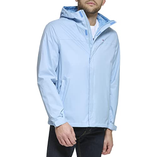 Tommy Hilfiger Men's Lightweight Breathable Waterproof Hooded Jacket, Powder Blue, Large