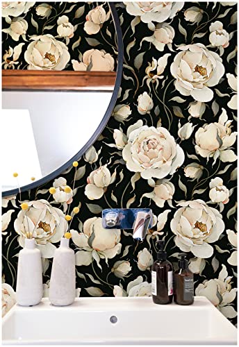 HAOKHOME Peel and Stick Wallpaper Floral Vintage Roses Peonies Contact Paper Removable Black/Beige/Olive Self Adhesive Mural 17.7in x 9.8ft