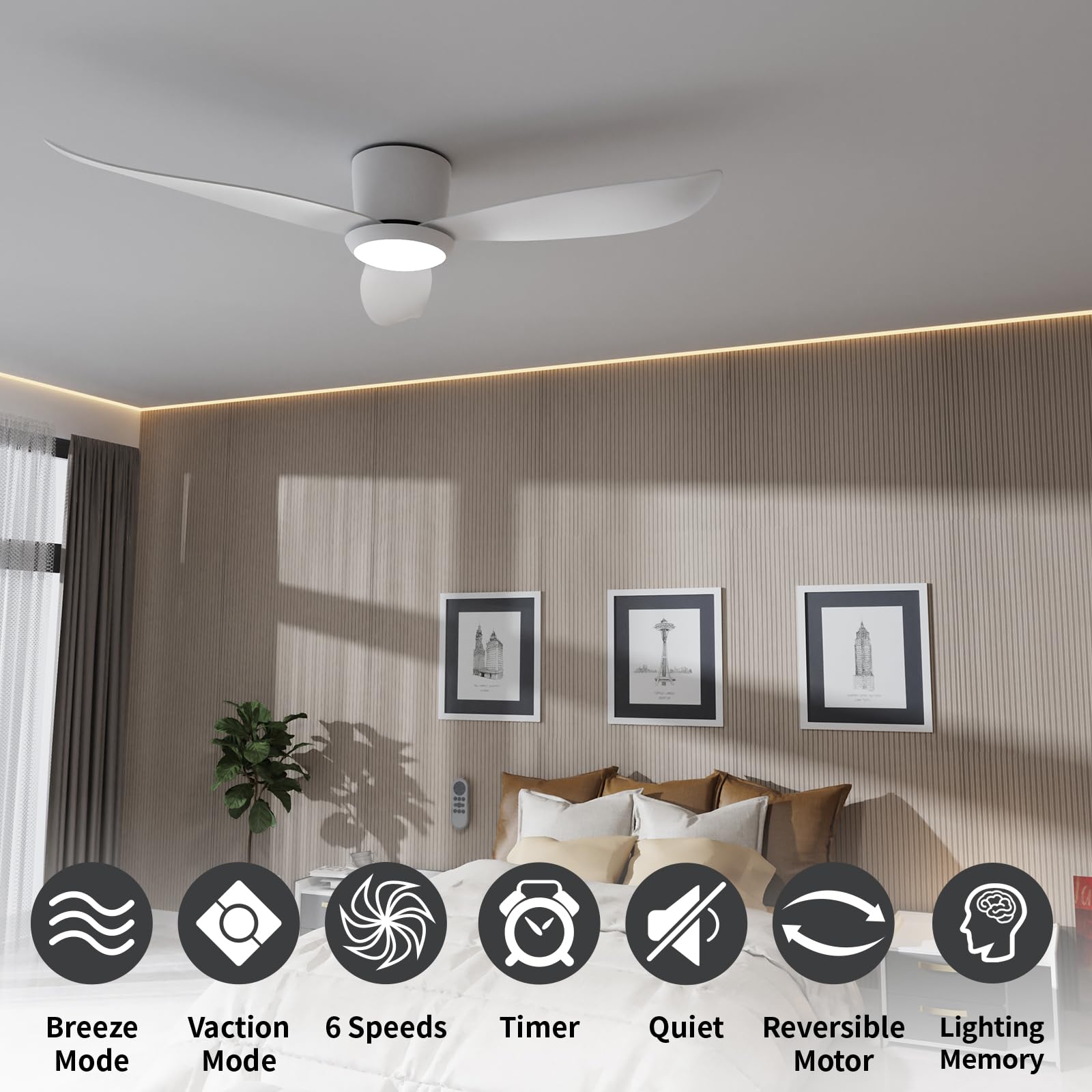 Low Profile Ceiling Fans,52”Flush Mount Ceiling Fans with Lights Remote Control with 3 Reversible Blades,22W 3CCT LED Lights 6 Speed DC Motor Ceiling Fan For Bedroom/Farmhouse/Patios/Living Room White