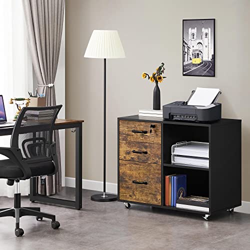 Yaheetech Lateral File Cabinet with Lock for Letter, A4 Size, 3 Drawer Printer Stand with Open Storage Compartments, Mobile Filing Cabinet for Home Office, Black/Rustic Brown