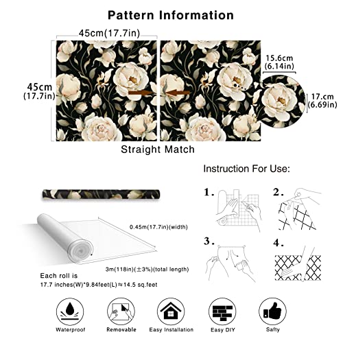 HAOKHOME Peel and Stick Wallpaper Floral Vintage Roses Peonies Contact Paper Removable Black/Beige/Olive Self Adhesive Mural 17.7in x 9.8ft
