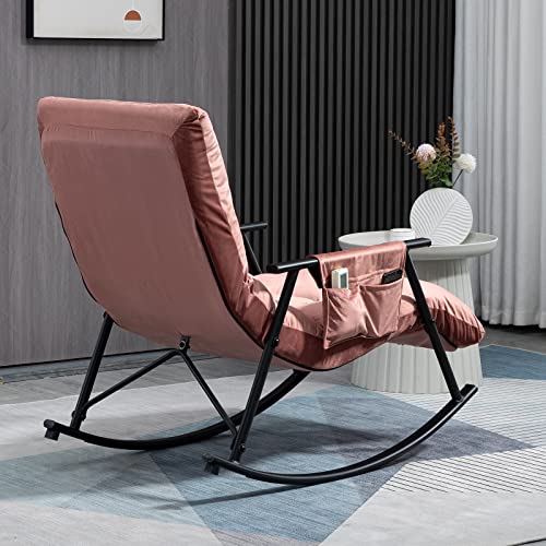 ZJhome Velvet Accent Folding Rocking Recliner Chair Nursery with Side Pocket Adjustable High Back & Foot Rest, Comfortable Upholstered Nursing Glider Rocker Armchair for Living Room, Bedroom(Pink)