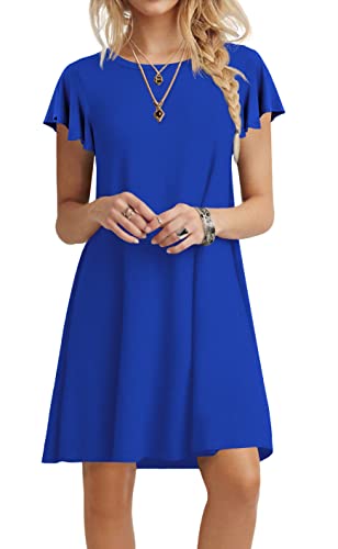 Askyes Womens Summer Dresses Casual Short Sleeve Flowy Hem Swing Sundress Fashion Tshirt Dress with Pockets,Royal Blue,M