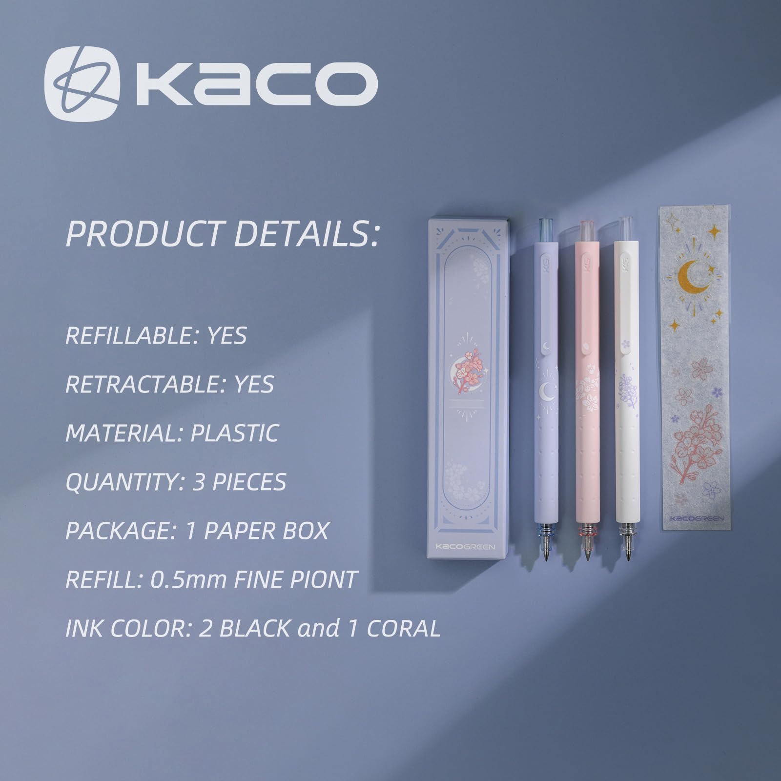 Kaco Gel Pens Cute Stationery 3 Pieces 0.5mm Fine Point, Quick Drying Pens for Journaling Aesthetic Office Supplies, 2 Black Ink and 1 Coral Ink