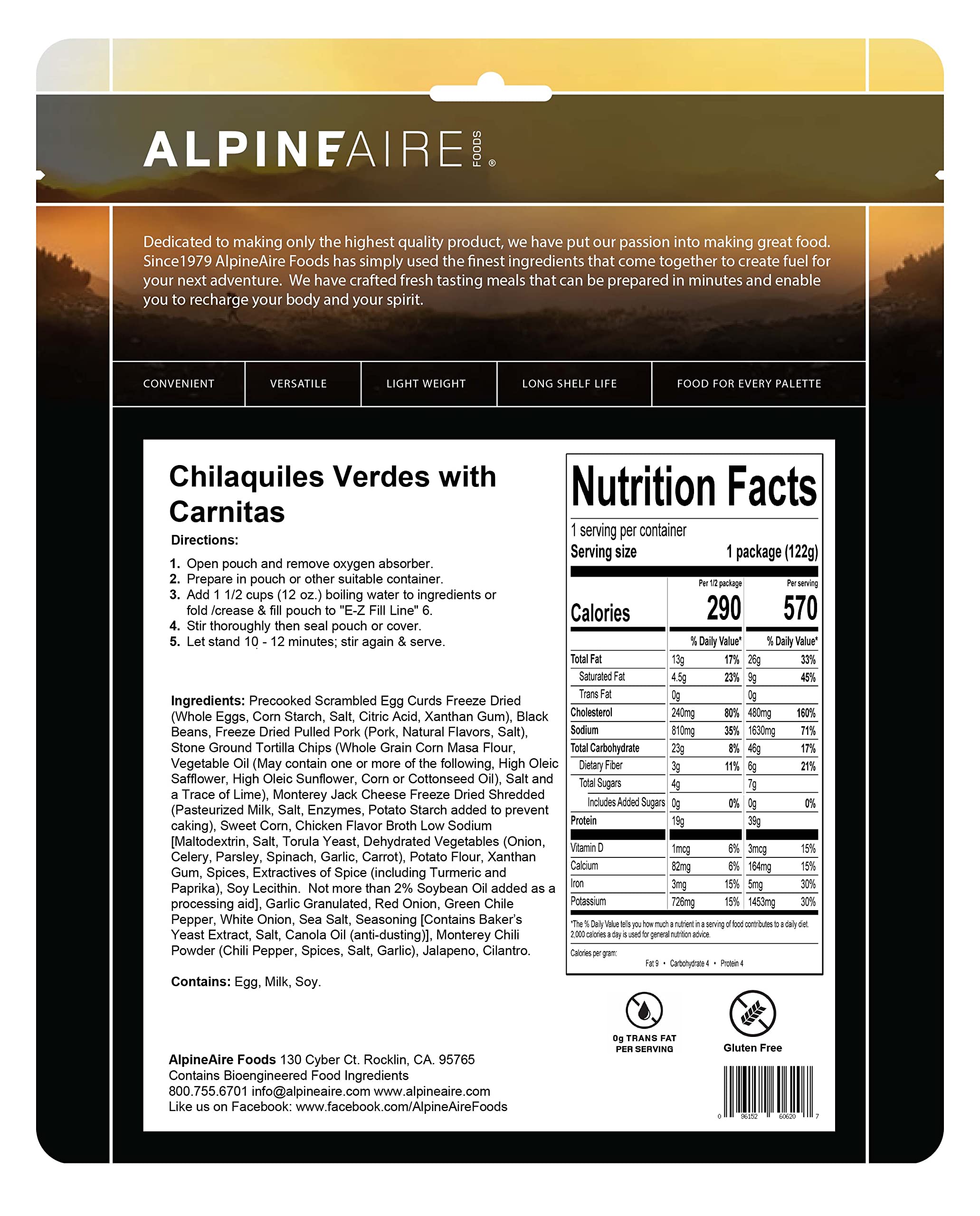 AlpineAire Foods Chilaquilas Verdes with Carnitas, Freeze-Dried/Dehydrated, Entrée Meal Pouch, Just add Water, Black