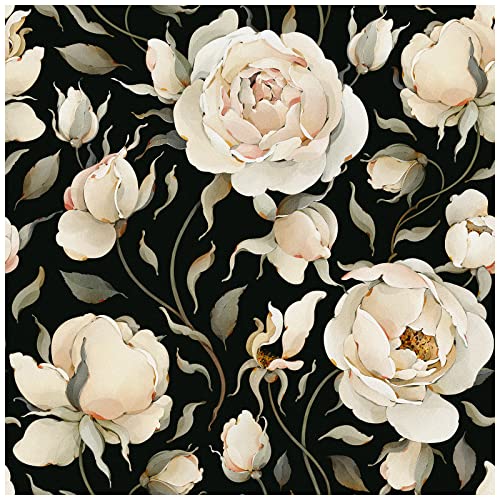 HAOKHOME Peel and Stick Wallpaper Floral Vintage Roses Peonies Contact Paper Removable Black/Beige/Olive Self Adhesive Mural 17.7in x 9.8ft
