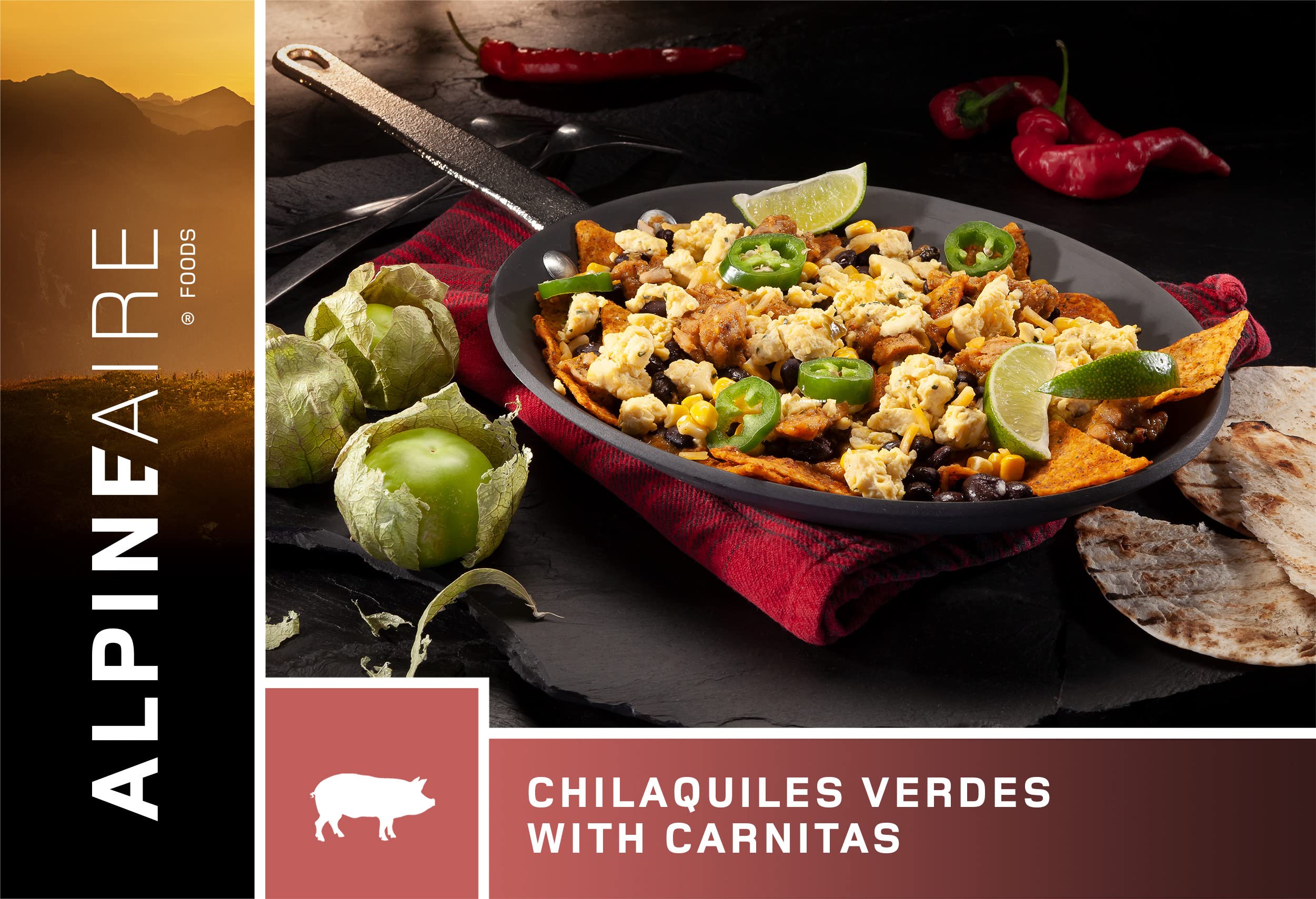 AlpineAire Foods Chilaquilas Verdes with Carnitas, Freeze-Dried/Dehydrated, Entrée Meal Pouch, Just add Water, Black