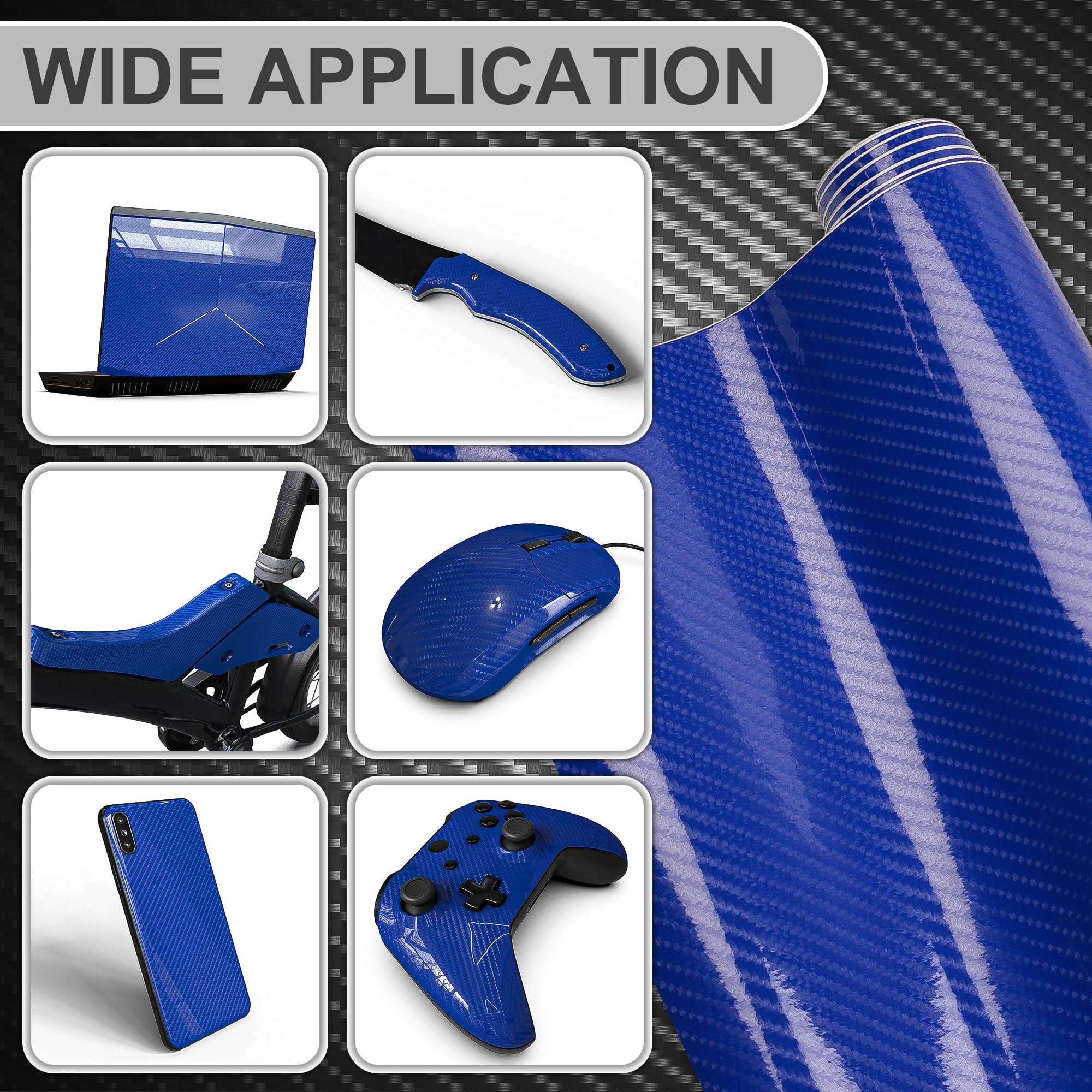 Lypumso 6D Carbon Fiber Vinyl Wrap Roll, Glossy Car Wrap Film Featuring Bubble Free Air Release Technology, Car Moto DIY Interior Exterior Decoration (Carbon Fiber Blue, 1ft x 5ft)