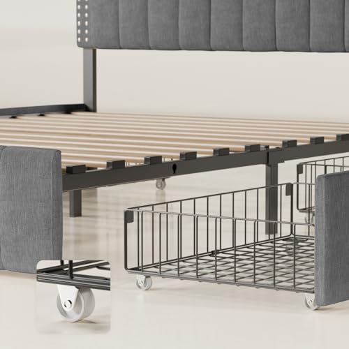 Gizoon Queen Bed Frames with 4 Storage Drawers on Wheels and Headboard Adjustable, Fits 6" to 12" Mattress, No Box Spring Needed (Light Grey)