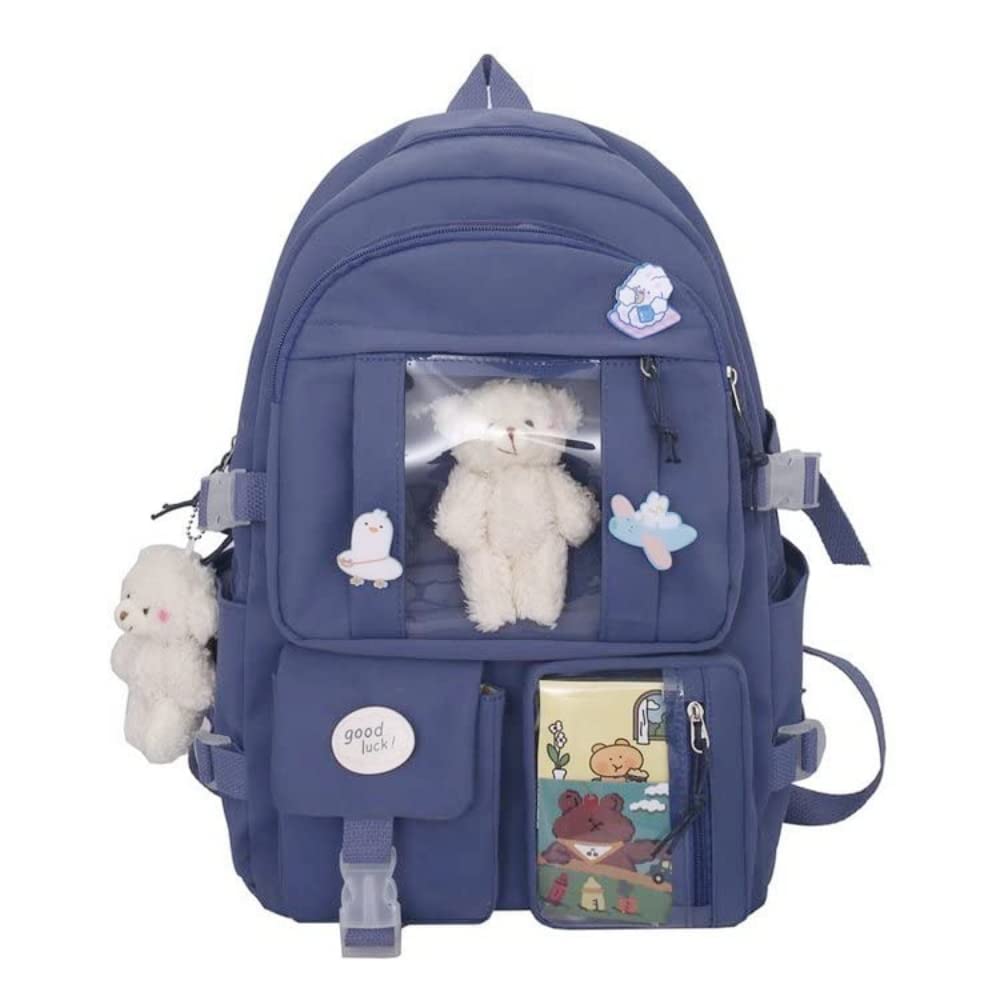 CHERSE School Backpack for Teen Girls Back to School Aesthetic Cute Adorable Lovely with Pin and Cute Accessory (Blue)