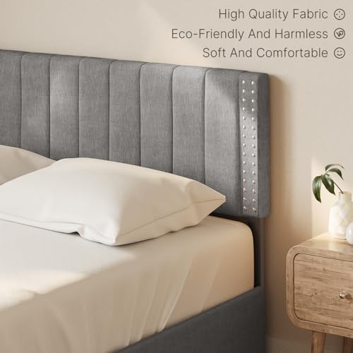 Gizoon Queen Bed Frames with 4 Storage Drawers on Wheels and Headboard Adjustable, Fits 6" to 12" Mattress, No Box Spring Needed (Light Grey)