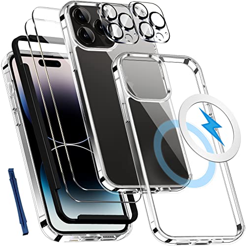 Jeywiry [7 in 1 for iPhone 14 Pro Max Case, with 2 Pcs Screen Protector ＆ 2 Pcs Camera Lens Protector, Slim Thin Shockproof Case 6.7" [Military Grade Drop Protection] [Not Yellowing] - Crystal Clear