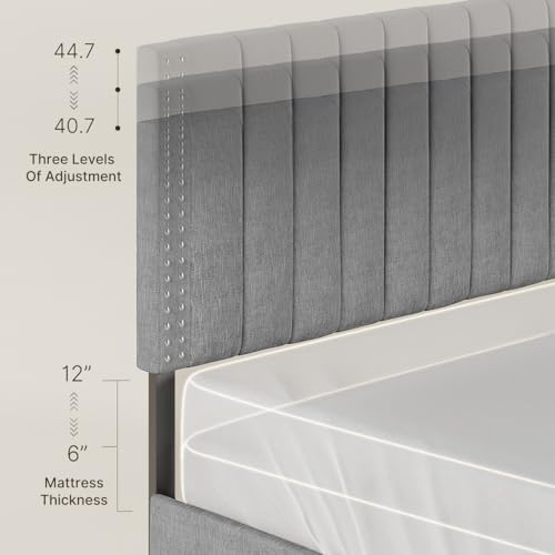 Gizoon Queen Bed Frames with 4 Storage Drawers on Wheels and Headboard Adjustable, Fits 6" to 12" Mattress, No Box Spring Needed (Light Grey)