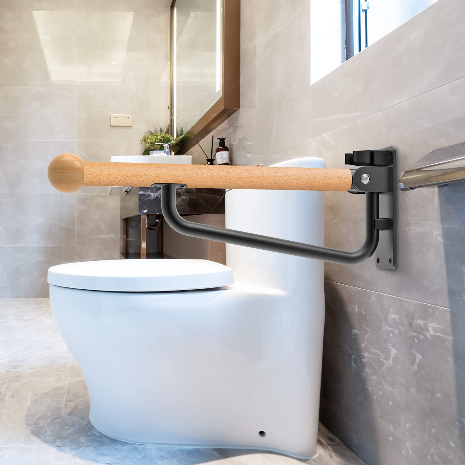 Dolibest 24 Inch Toilet Safety Bar, Foldable Toilet Grab Bar, Wall Mounted Wooden Handicap Grab Bar for Bathroom. Non-Slip and Waterproof Comfty Grip Bar for Disabled Elderly Pregnant, 1PCS