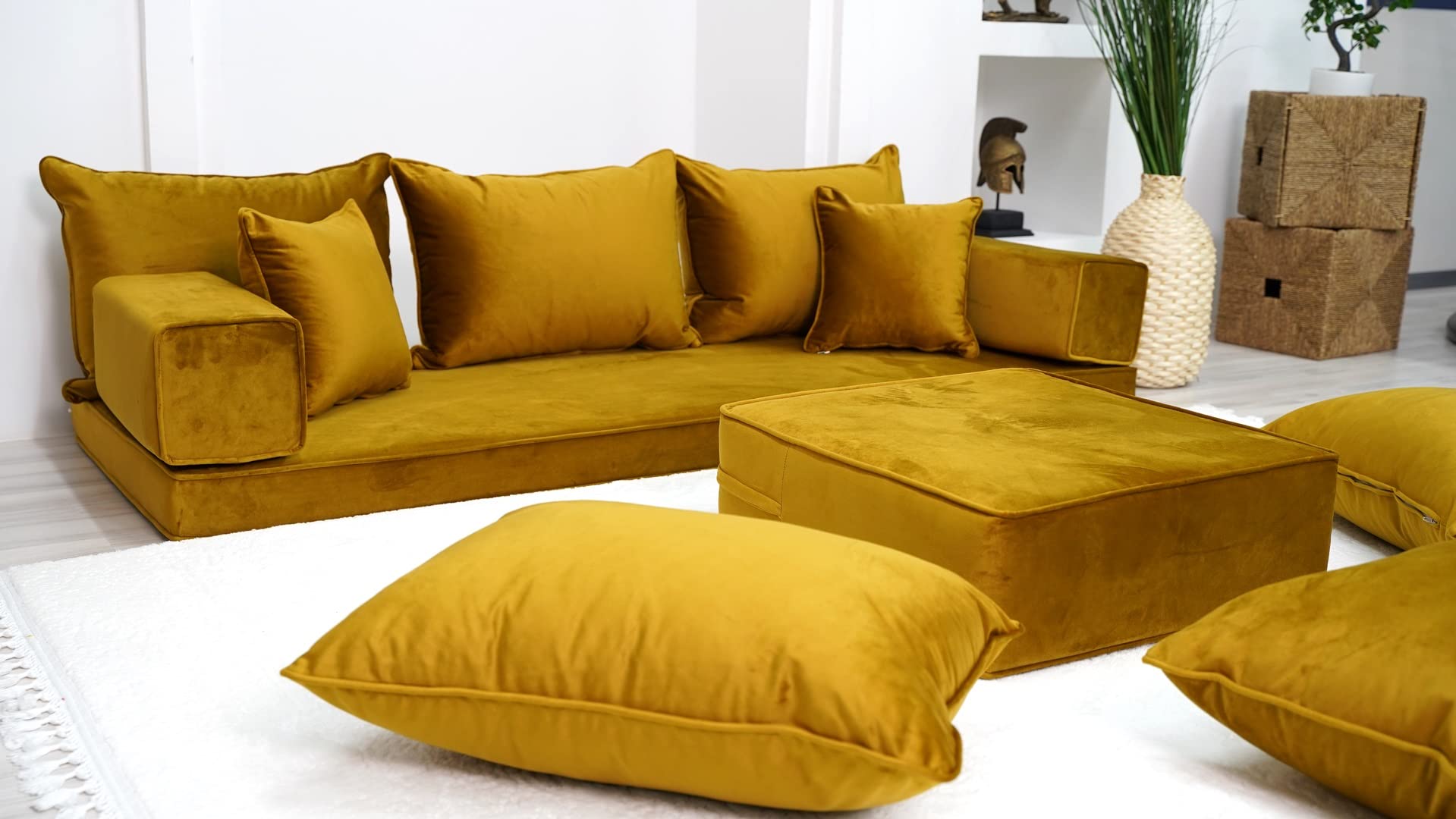 Gold Velvet Fabric Floor Seating, Sectional Sofa, Velvet Floor Sofa, Meditation Sofa, Arabic Floor Sofa Set, Floor Couches (Sofa Full Set, 4'' Thickness Sofa)