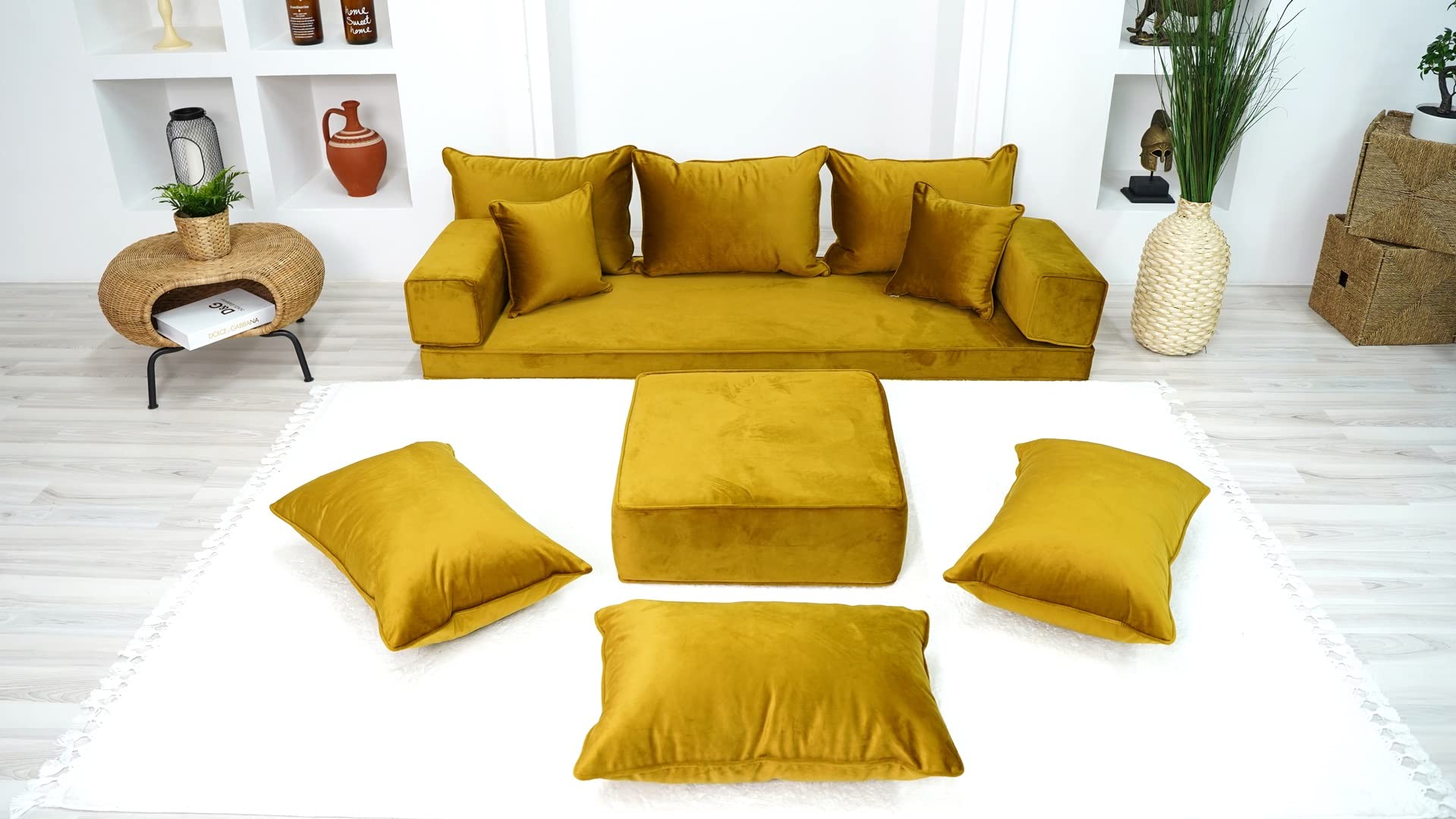 Gold Velvet Fabric Floor Seating, Sectional Sofa, Velvet Floor Sofa, Meditation Sofa, Arabic Floor Sofa Set, Floor Couches (Sofa Full Set, 4'' Thickness Sofa)