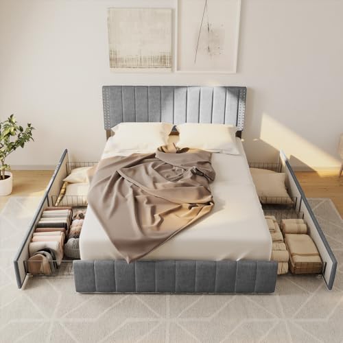 Gizoon Queen Bed Frames with 4 Storage Drawers on Wheels and Headboard Adjustable, Fits 6" to 12" Mattress, No Box Spring Needed (Light Grey)